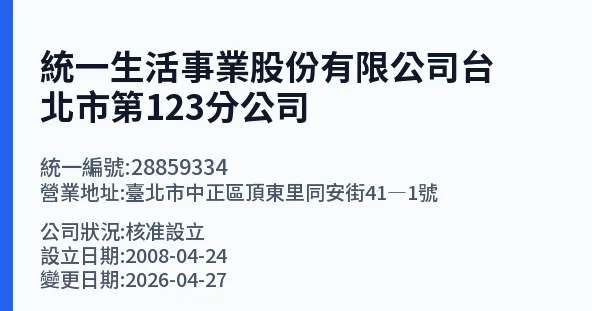 統一生活事業股份有限公司台北市第123分公司的照片-統編 28859334(臺北市) 公司登記資料與營業項目詳細圖表