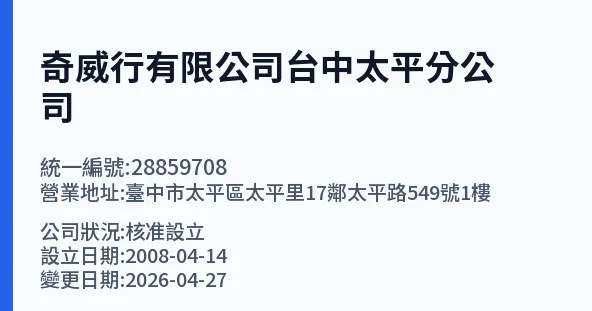 奇威行有限公司台中太平分公司的照片-統編 28859708(臺中市) 公司登記資料與營業項目詳細圖表