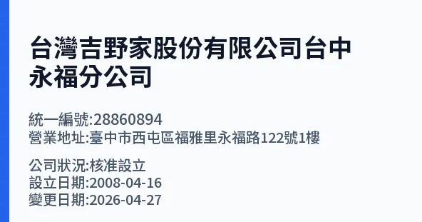 台灣吉野家股份有限公司台中永福分公司的照片-統編 28860894(臺中市) 公司登記資料與營業項目詳細圖表