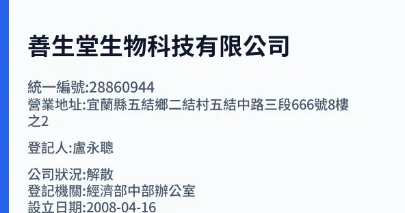 善生堂生物科技有限公司的照片-統編 28860944(宜蘭縣) 公司登記資料與營業項目詳細圖表