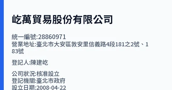 屹萬貿易股份有限公司的照片-統編 28860971(臺北市) 公司登記資料與營業項目詳細圖表
