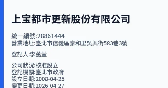上宝都市更新股份有限公司的照片-統編 28861444(臺北市) 公司登記資料與營業項目詳細圖表