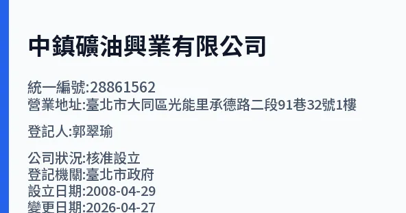 中鎮礦油興業有限公司的照片-統編 28861562(臺北市) 公司登記資料與營業項目詳細圖表