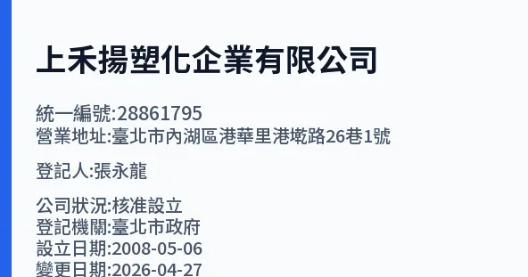 上禾揚塑化企業有限公司的照片-統編 28861795(臺北市) 公司登記資料與營業項目詳細圖表