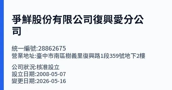 爭鮮股份有限公司復興愛分公司的照片-統編 28862675(臺中市) 公司登記資料與營業項目詳細圖表