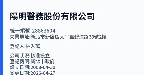 陽明醫務股份有限公司的照片-統編 28863604(新北市) 公司登記資料與營業項目詳細圖表