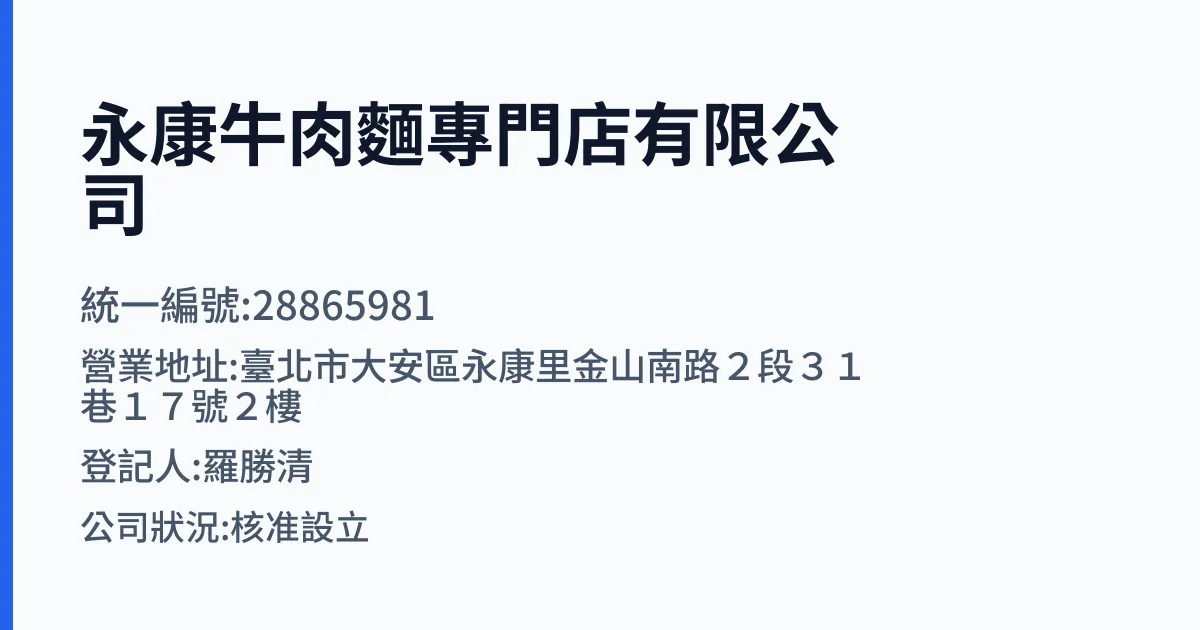 永康牛肉麵專門店有限公司 - 統編 28865981(臺北市) 公司登記資料與營業項目詳細圖表
