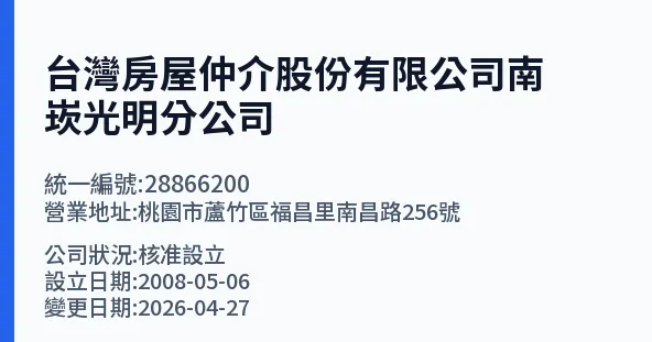台灣房屋仲介股份有限公司南崁光明分公司的照片-統編 28866200(桃園市) 公司登記資料與營業項目詳細圖表