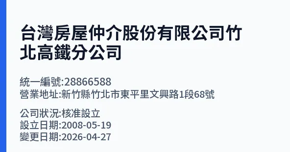 台灣房屋仲介股份有限公司竹北高鐵分公司的照片-統編 28866588(新竹縣) 公司登記資料與營業項目詳細圖表