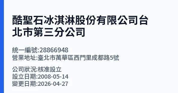 酷聖石冰淇淋股份有限公司台北市第三分公司的照片-統編 28866948(臺北市) 公司登記資料與營業項目詳細圖表