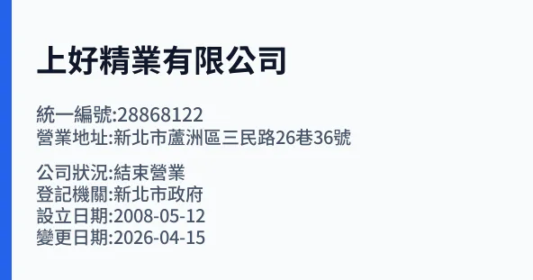 上好精業有限公司的照片-統編 28868122(新北市) 公司登記資料與營業項目詳細圖表