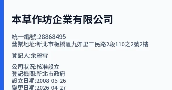 本草作坊企業有限公司的照片-統編 28868495(新北市) 公司登記資料與營業項目詳細圖表