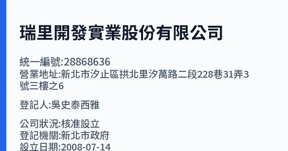 瑞里開發實業股份有限公司的照片-統編 28868636(新北市) 公司登記資料與營業項目詳細圖表