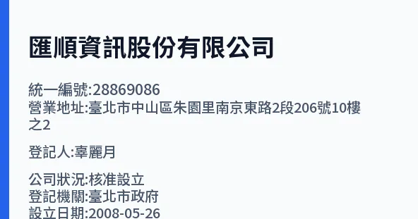 匯順資訊股份有限公司的照片-統編 28869086(臺北市) 公司登記資料與營業項目詳細圖表