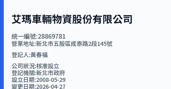 艾瑪車輛物資股份有限公司的照片-統編 28869781(新北市) 公司登記資料與營業項目詳細圖表