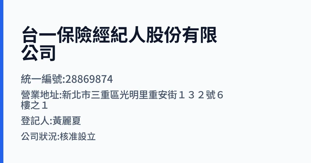 台一保險經紀人股份有限公司 - 統編 28869874(新北市) 公司登記資料與營業項目詳細圖表