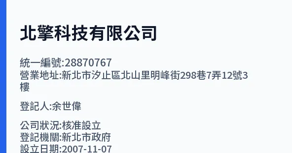 北擎科技有限公司的照片-統編 28870767(新北市) 公司登記資料與營業項目詳細圖表
