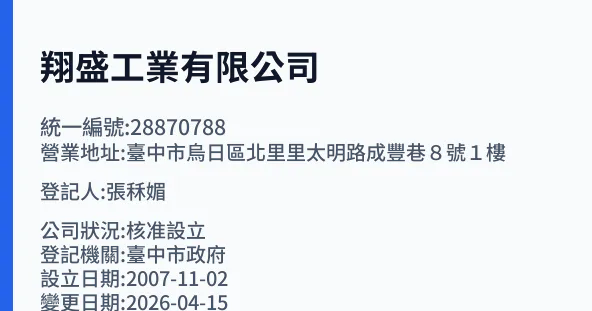 翔盛工業有限公司的照片-統編 28870788(臺中市) 公司登記資料與營業項目詳細圖表