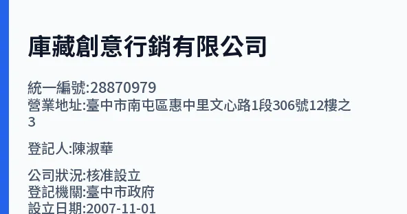 庫藏創意行銷有限公司的照片-統編 28870979(臺中市) 公司登記資料與營業項目詳細圖表