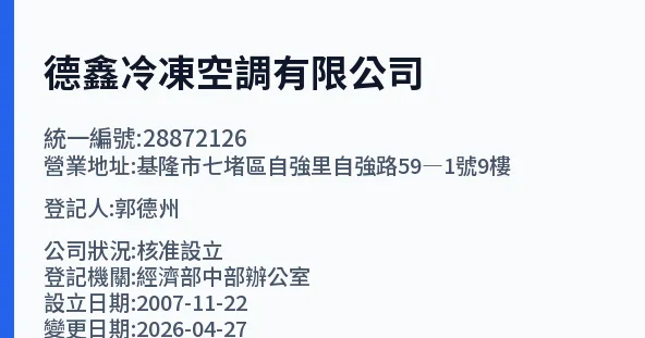 德鑫冷凍空調有限公司的照片-統編 28872126(基隆市) 公司登記資料與營業項目詳細圖表