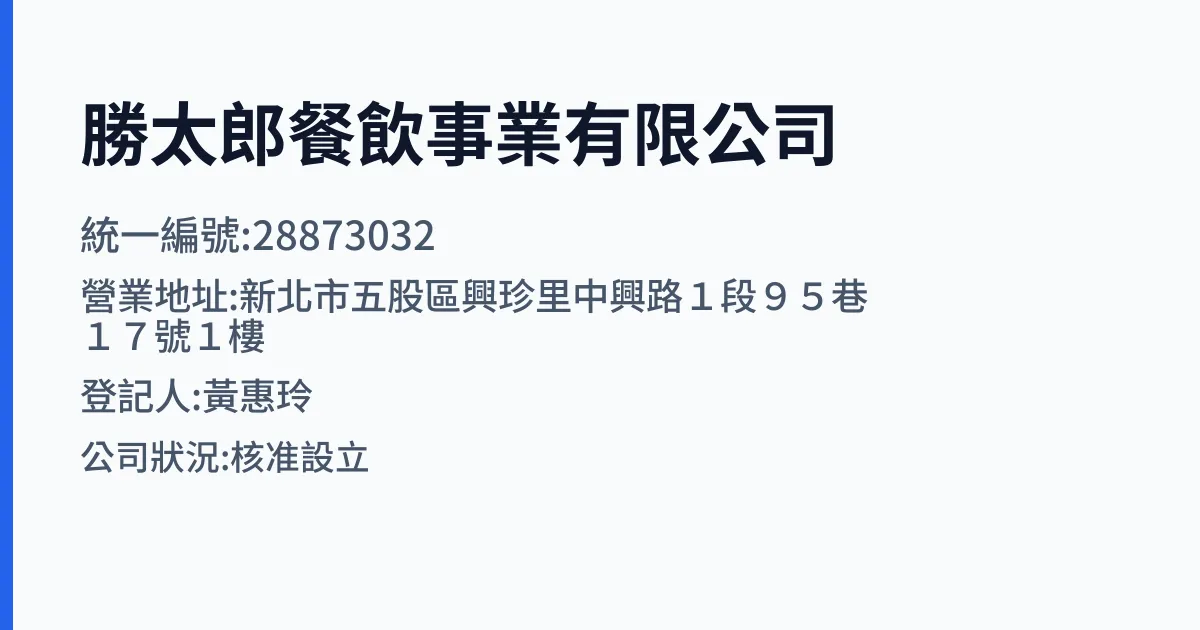 勝太郎餐飲事業有限公司 - 統編 28873032(新北市) 公司登記資料與營業項目詳細圖表