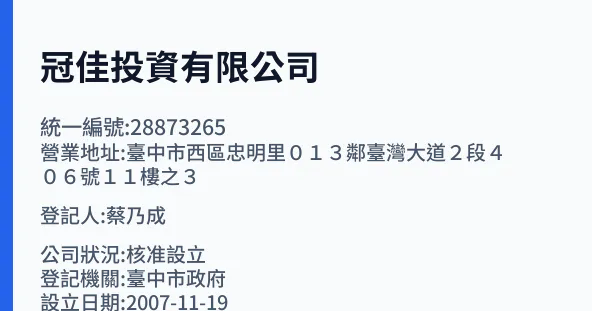 冠佳投資有限公司的照片-統編 28873265(臺中市) 公司登記資料與營業項目詳細圖表