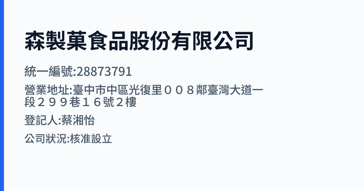 森製菓食品股份有限公司 - 統編 28873791(臺中市) 公司登記資料與營業項目詳細圖表