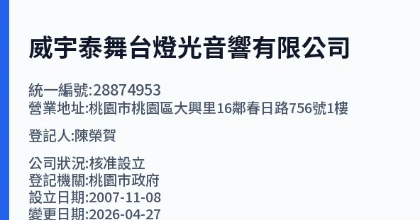 威宇泰舞台燈光音響有限公司的照片-統編 28874953(桃園市) 公司登記資料與營業項目詳細圖表