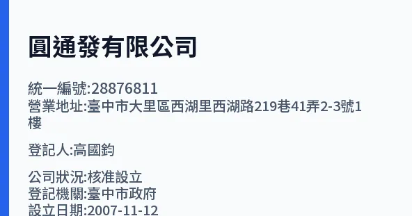 圓通發有限公司的照片-統編 28876811(臺中市) 公司登記資料與營業項目詳細圖表
