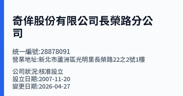 奇侔股份有限公司長榮路分公司的照片-統編 28878091(新北市) 公司登記資料與營業項目詳細圖表