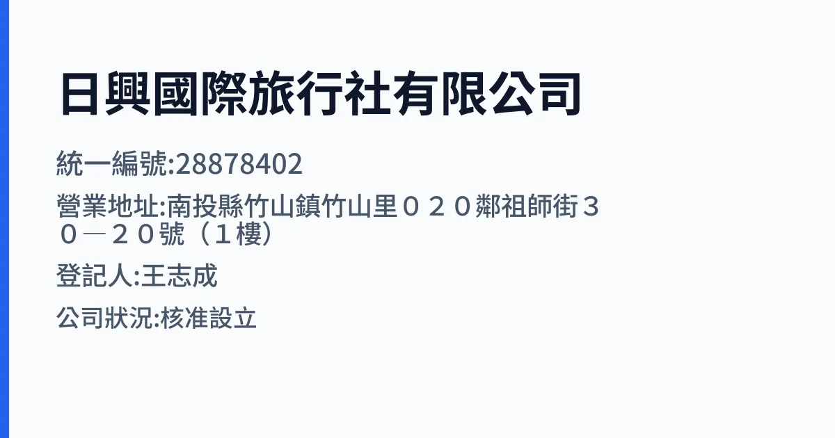 日興國際旅行社有限公司 - 統編 28878402(南投縣) 公司登記資料與營業項目詳細圖表