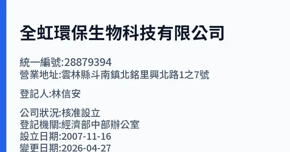 全虹環保生物科技有限公司的照片-統編 28879394(雲林縣) 公司登記資料與營業項目詳細圖表