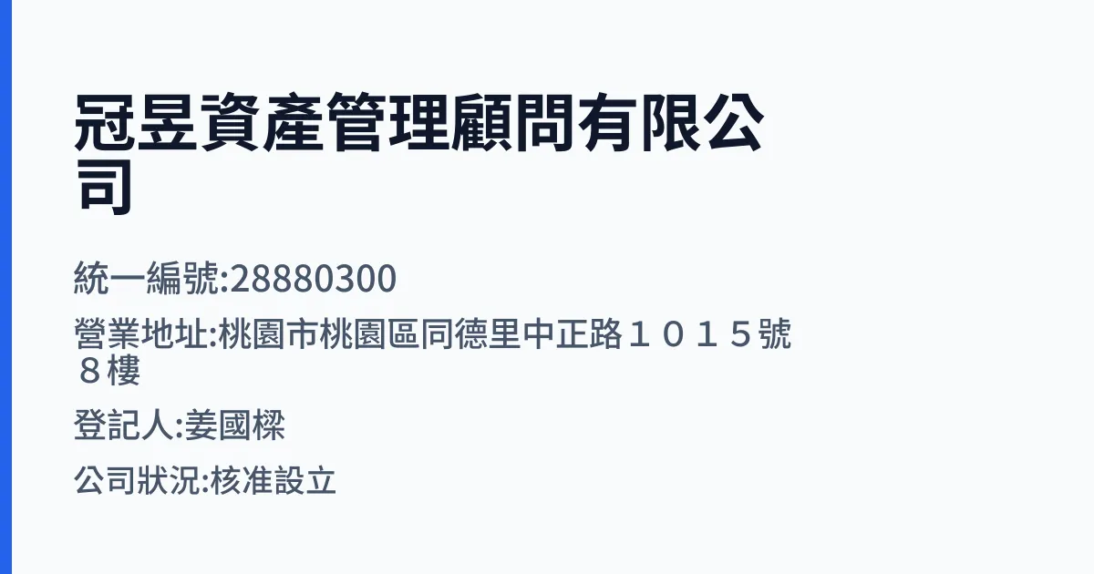 冠昱資產管理顧問有限公司 - 統編 28880300(桃園市) 公司登記資料與營業項目詳細圖表
