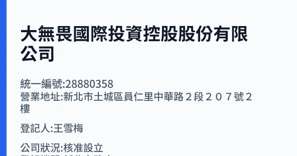 大無畏國際投資控股股份有限公司的照片-統編 28880358(新北市) 公司登記資料與營業項目詳細圖表