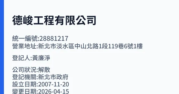 德峻工程有限公司的照片-統編 28881217(新北市) 公司登記資料與營業項目詳細圖表