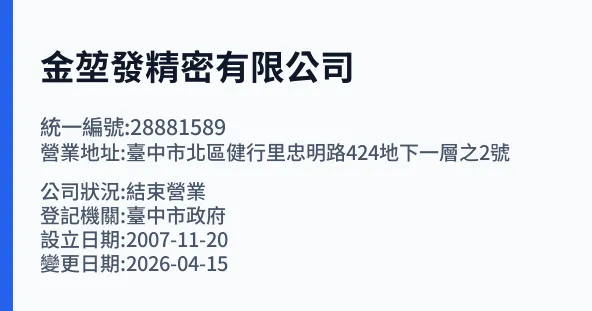 金堃發精密有限公司的照片-統編 28881589(臺中市) 公司登記資料與營業項目詳細圖表