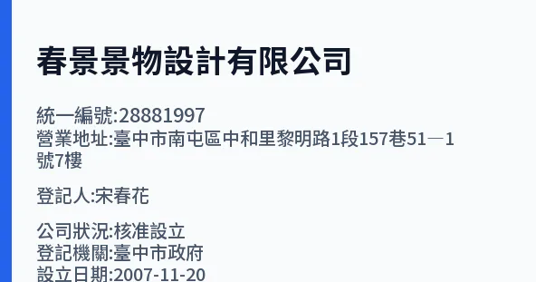 春景景物設計有限公司的照片-統編 28881997(臺中市) 公司登記資料與營業項目詳細圖表