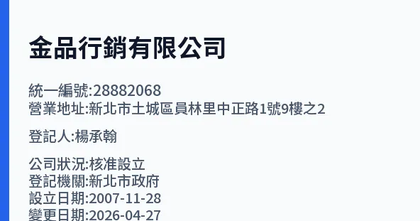 金品行銷有限公司的照片-統編 28882068(新北市) 公司登記資料與營業項目詳細圖表