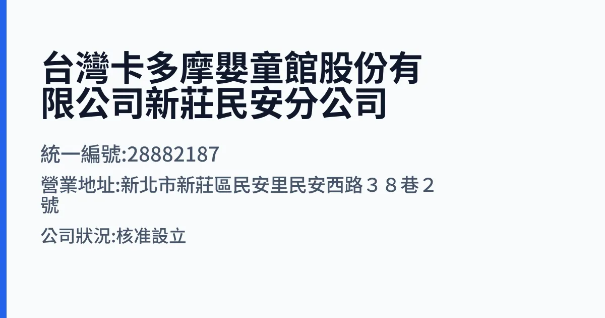 台灣卡多摩嬰童館股份有限公司新莊民安分公司 - 統編 28882187(新北市) 公司登記資料與營業項目詳細圖表