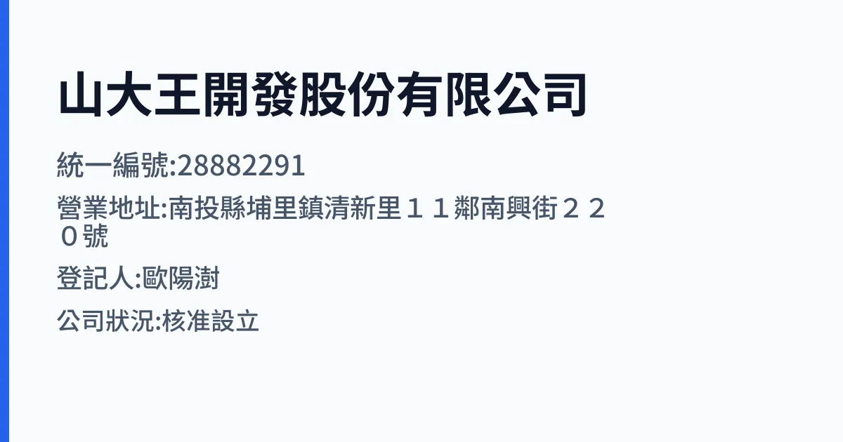 山大王開發股份有限公司 - 統編 28882291(南投縣) 公司登記資料與營業項目詳細圖表