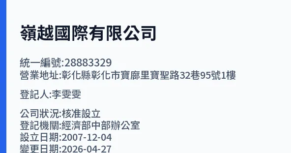 嶺越國際有限公司的照片-統編 28883329(彰化縣) 公司登記資料與營業項目詳細圖表