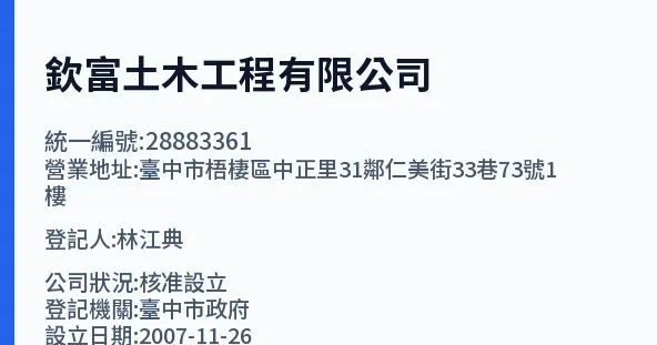 欽富土木工程有限公司的照片-統編 28883361(臺中市) 公司登記資料與營業項目詳細圖表