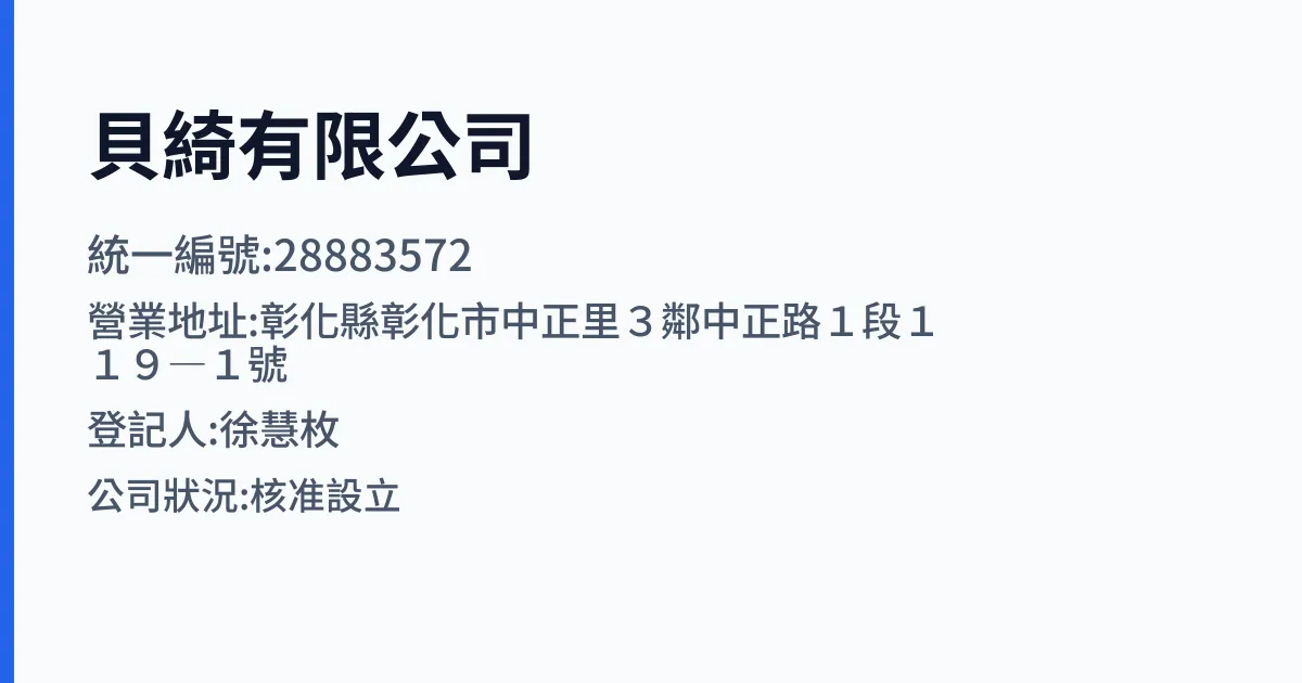 貝綺有限公司 - 統編 28883572(彰化縣) 公司登記資料與營業項目詳細圖表