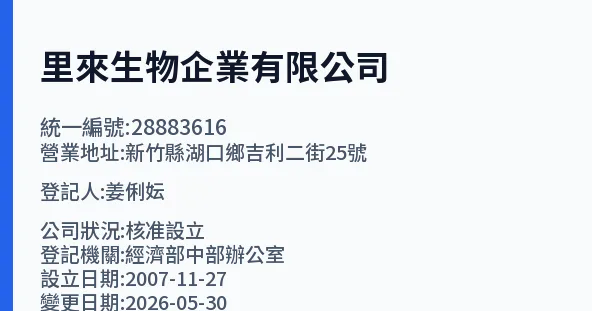 里來生物企業有限公司的照片-統編 28883616(新竹縣) 公司登記資料與營業項目詳細圖表