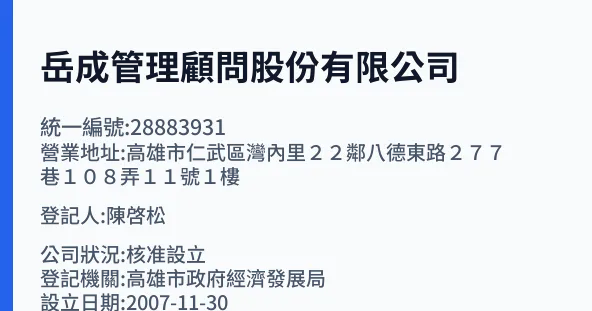 岳成管理顧問股份有限公司的照片-統編 28883931(高雄市) 公司登記資料與營業項目詳細圖表