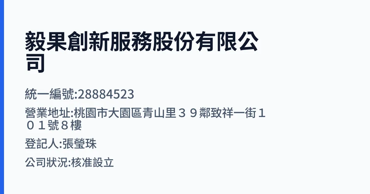 毅果創新服務股份有限公司 - 統編 28884523(桃園市) 公司登記資料與營業項目詳細圖表