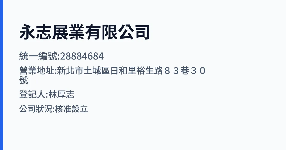 永志展業有限公司 - 統編 28884684(新北市) 公司登記資料與營業項目詳細圖表