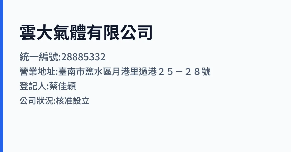 雲大氣體有限公司 - 統編 28885332（臺南市） 公司登記資料與營業項目詳細圖表