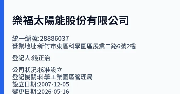 樂福太陽能股份有限公司的照片-統編 28886037(新竹市) 公司登記資料與營業項目詳細圖表