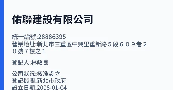 佑聯建設有限公司的照片-統編 28886395(新北市) 公司登記資料與營業項目詳細圖表